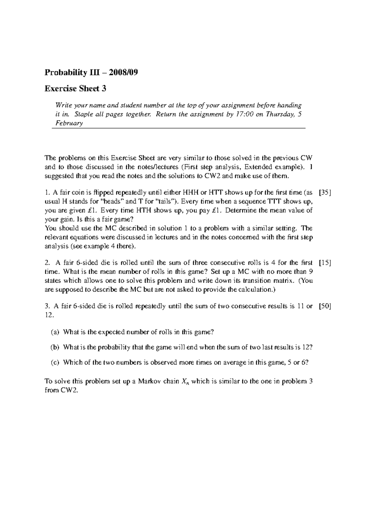 Exercise Sheet 3 Questions Probability Iii 2008 09 Exercise Sheet