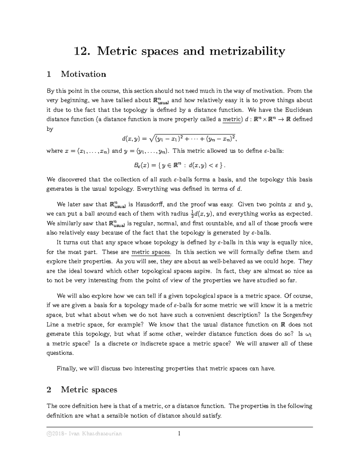 12-metric - toplogy (metric space) - 12. Metric spaces and metrizability 1 Motivation By this ...