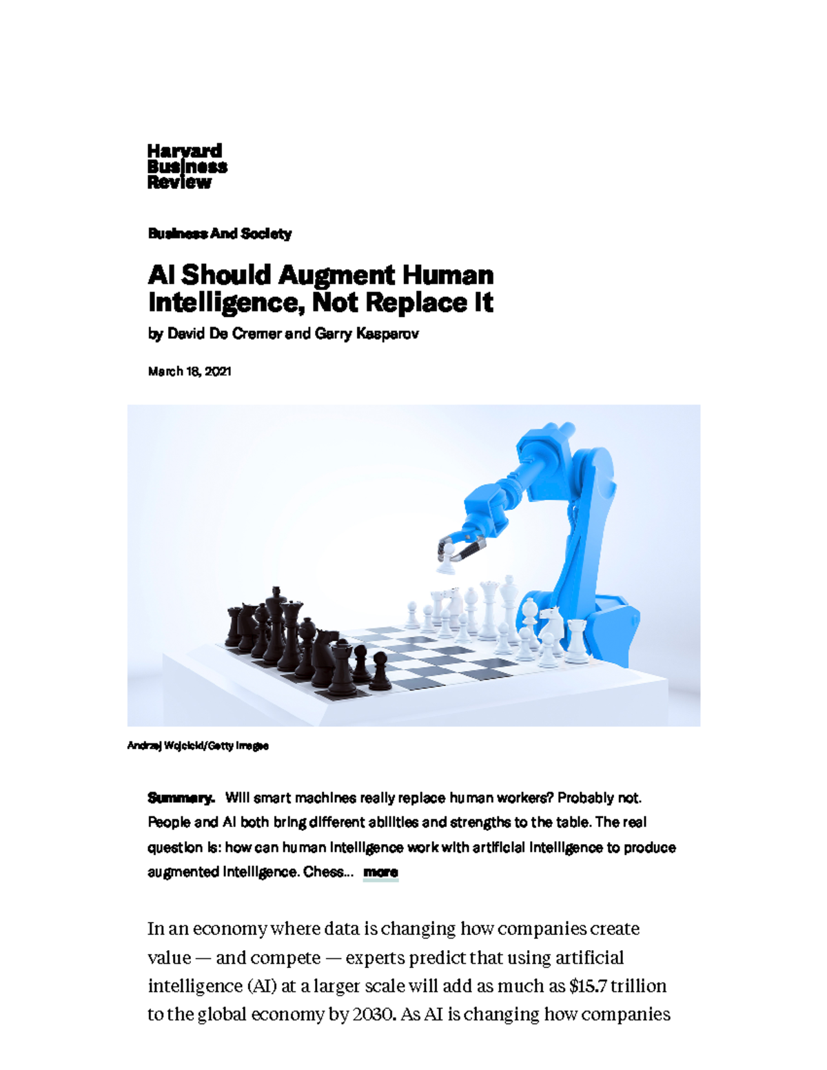 AI Should Augment Human Intelligence, Not Replace It (pdf)1 - Business And Society AI Should ...