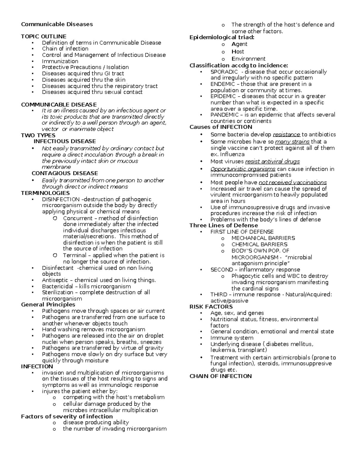 Communicable Diseases - Communicable Diseases TOPIC OUTLINE ...