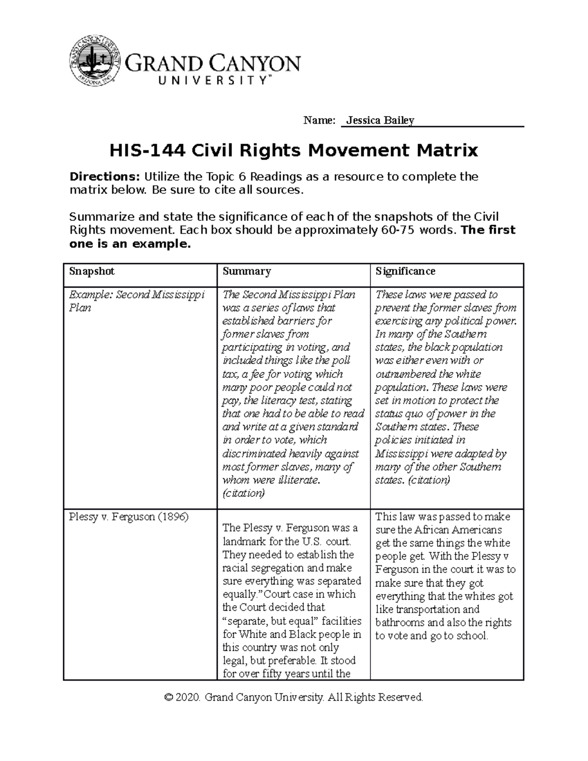 HIS-144-T6 Civil Rights Movement Matrix Online - Name: Jessica Bailey ...