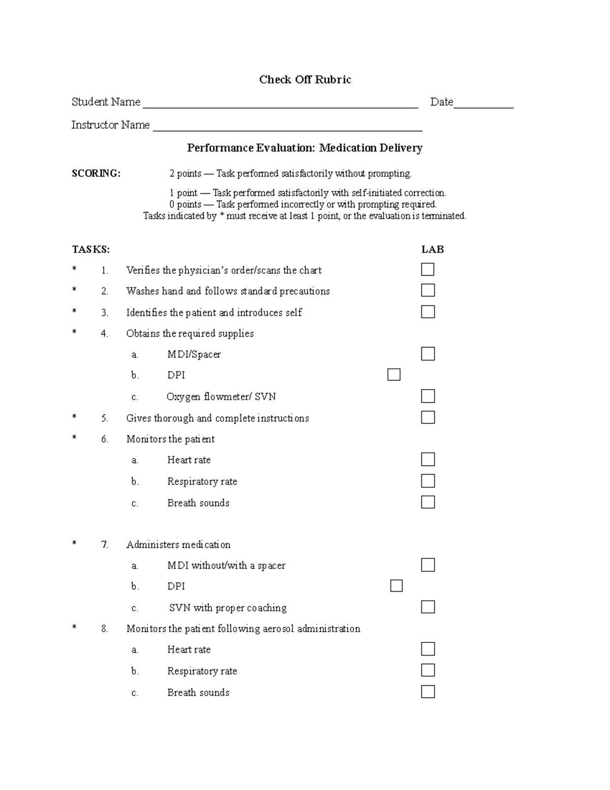 Check Off Rubric Medication Delivery - Check Off Rubric Student Name ...