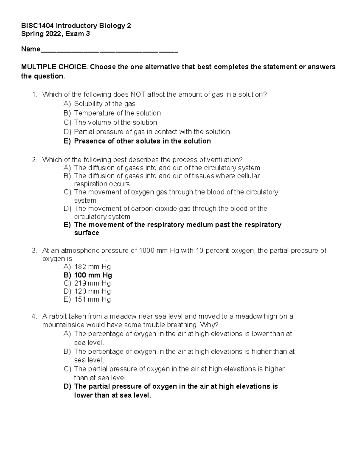 Intro Bio 1404 Exam 3 BE Ans - BISC1404 Introductory Biology 2 Spring ...