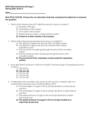 Intro Bio 1404 Exam 2 BE Ans - BISC1404 Introductory Biology 2 Spring ...