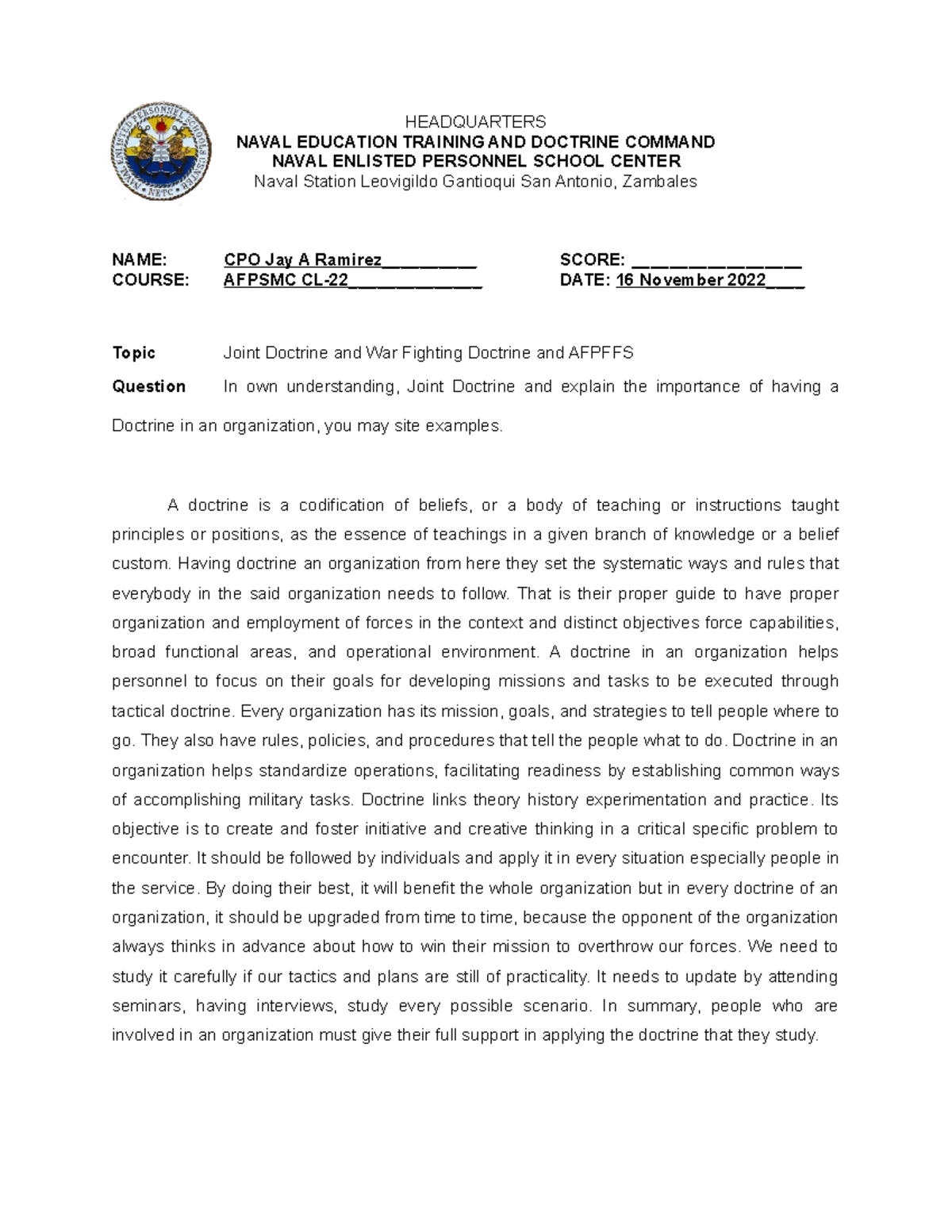 Afpsmc-CL-22 Joint Doctrine - HEADQUARTERS NAVAL EDUCATION TRAINING AND ...