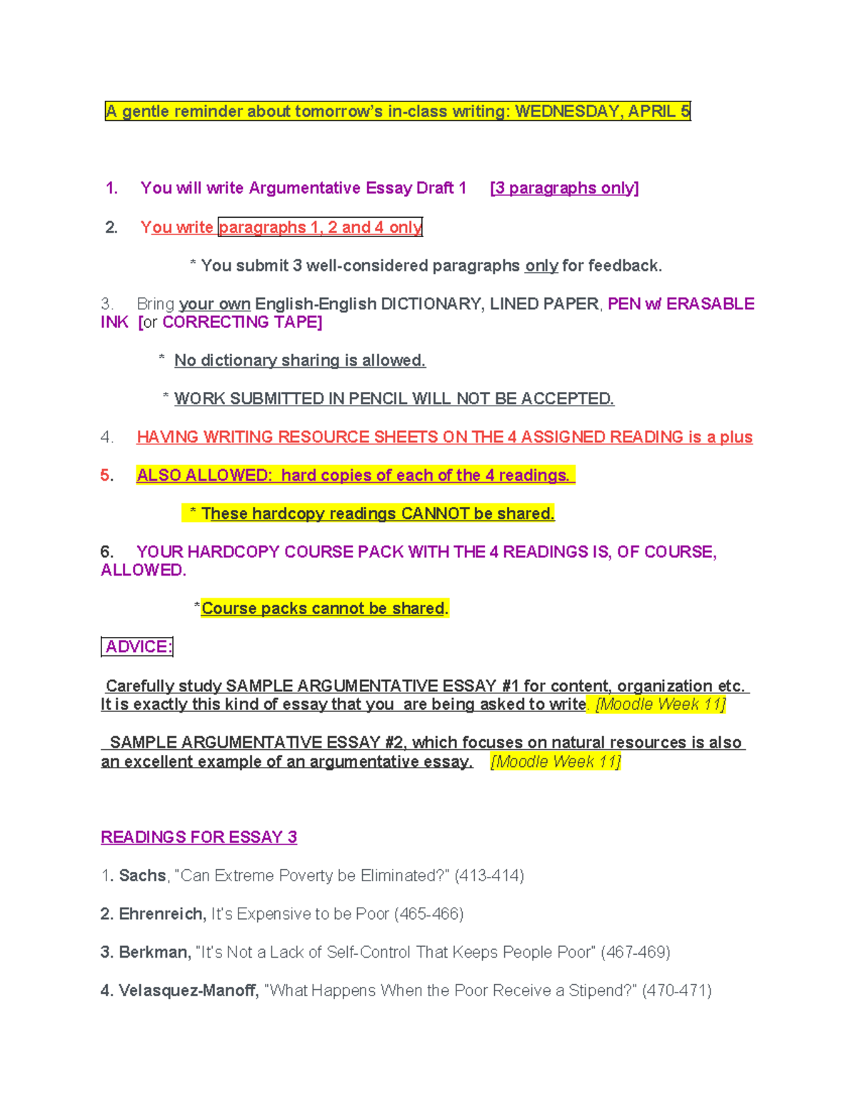 204 INFO re Draft 1 Essay 3 IN Class Tomorrow - A gentle reminder about ...