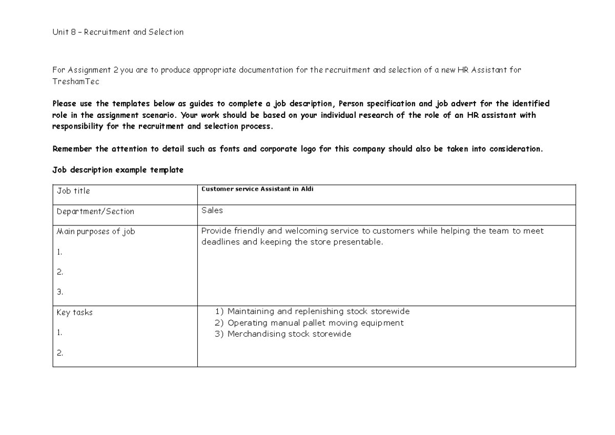 Job description - level 3 unit 8 assignment 2 - Unit 8 – Recruitment ...