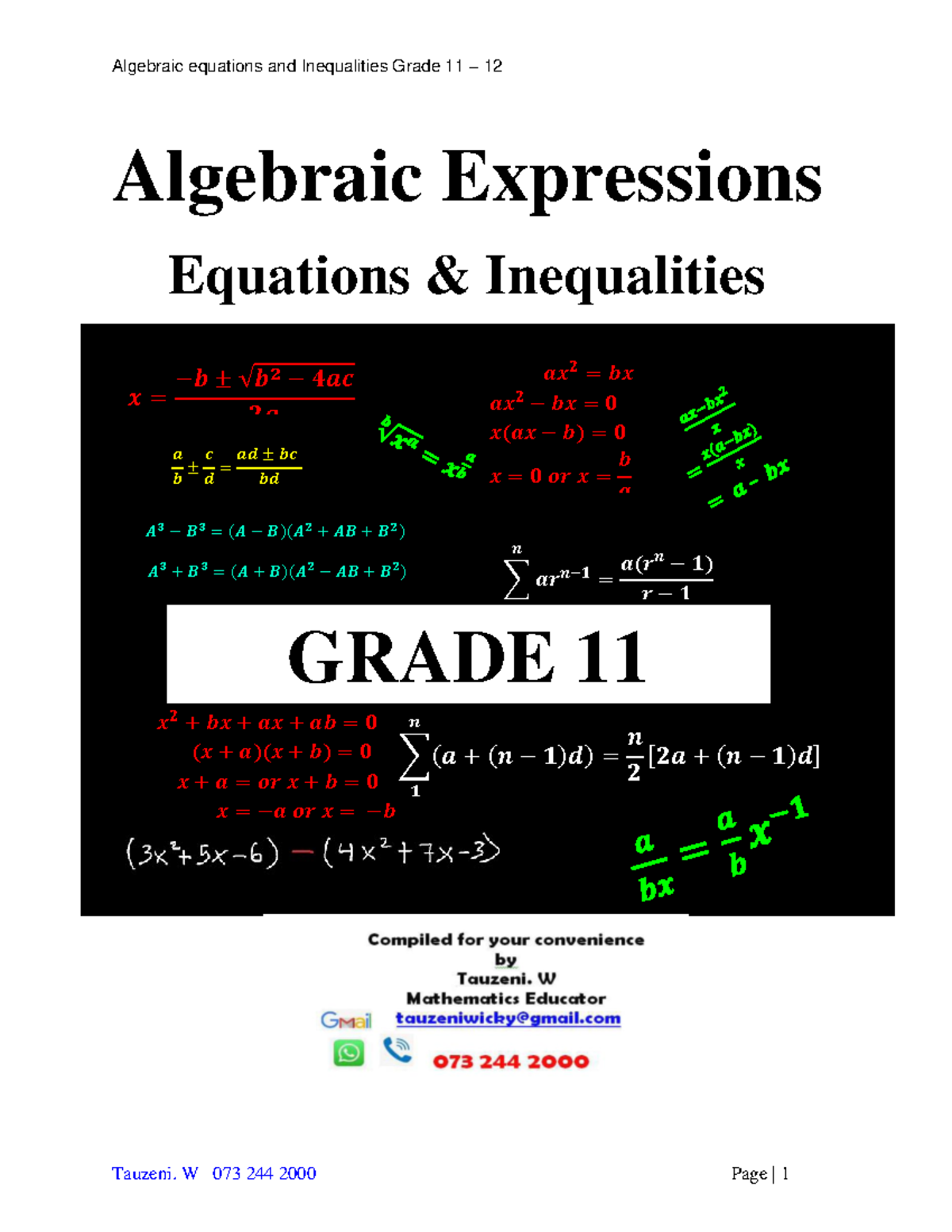 Algebra and Equations Notes Grade 11 - Algebraic Expressions Equations ...