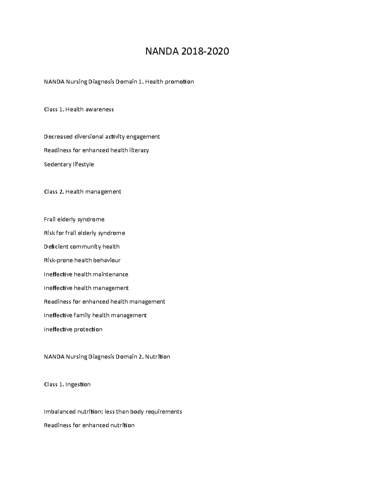Nanda 2018-2020 - NANDA 2018- NANDA Nursing Diagnosis Domain 1. Health ...
