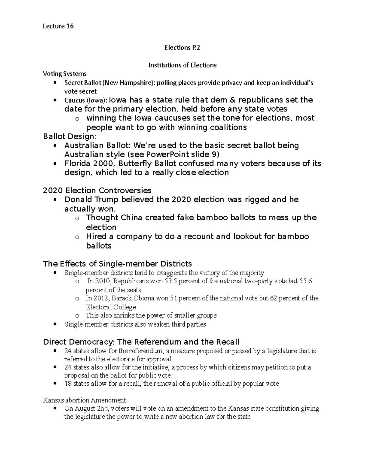 Elections Part Two - Lecture 16 Elections P. Institutions of Elections ...