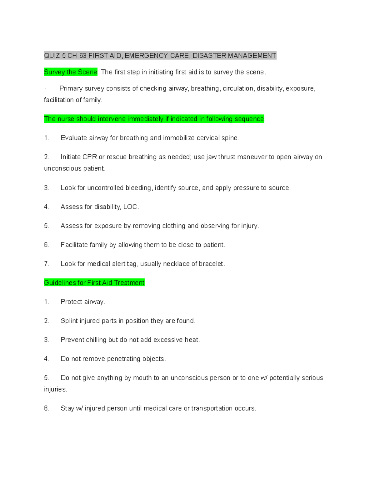 Quiz 5 CH 63 First aid, Emergency care, Disaster management - QUIZ 5 CH ...