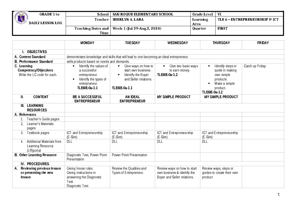 DLL TLE ICT WEEK 1 - SELF LEARNING MODULE - GRADE 1 to 12 DAILY LESSON ...