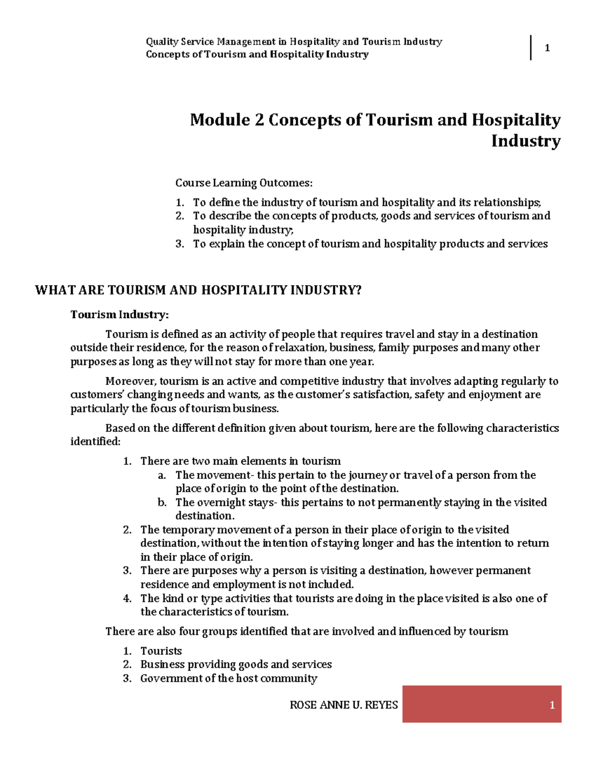Week 2 - Module 1 Concepts of Tourism and Hospitality - Concepts of ...