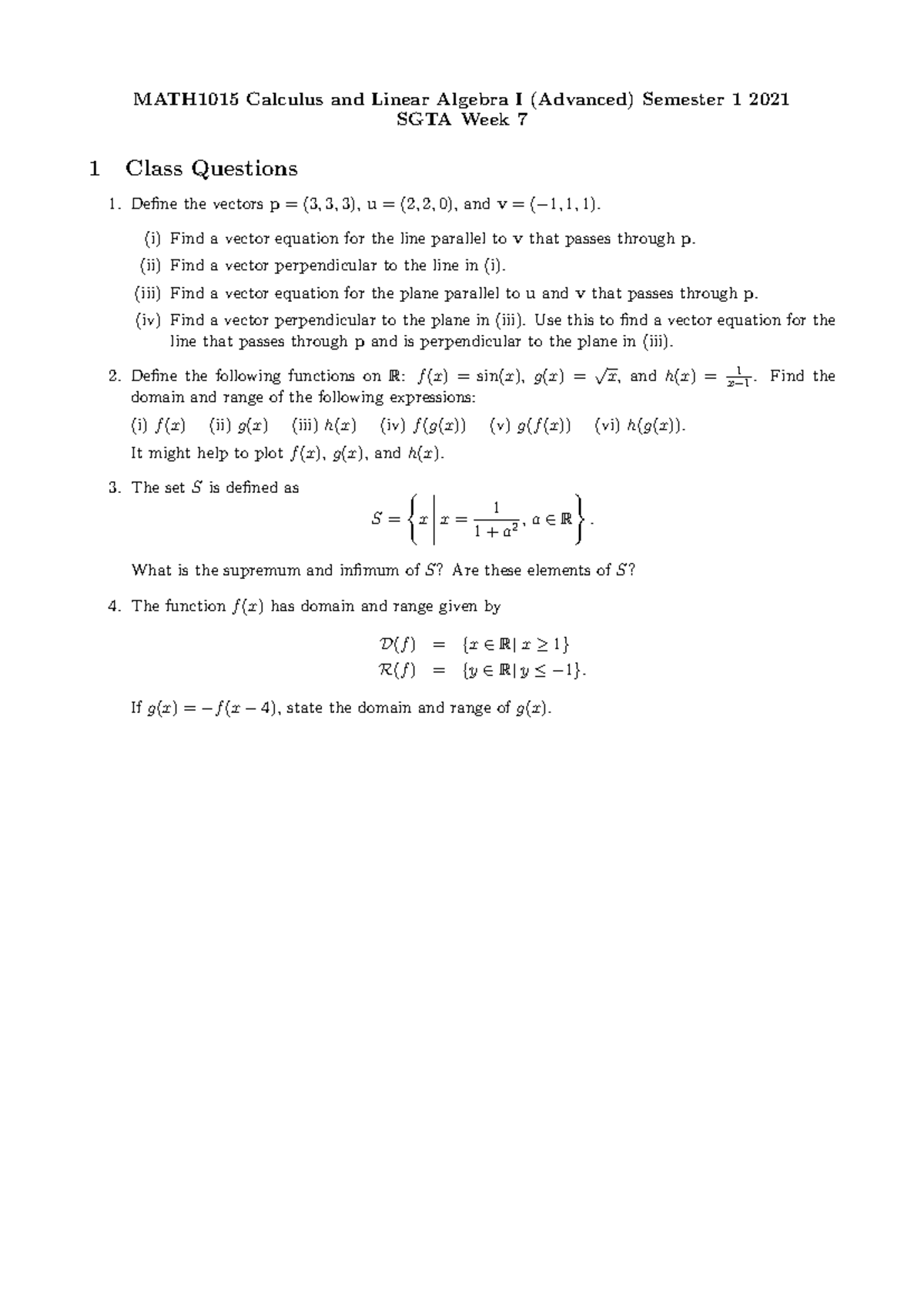 Sgta 7 2021 - MATH1015 Calculus and Linear Algebra I (Advanced) Semester 1 2021 SGTA Week 7 1 ...