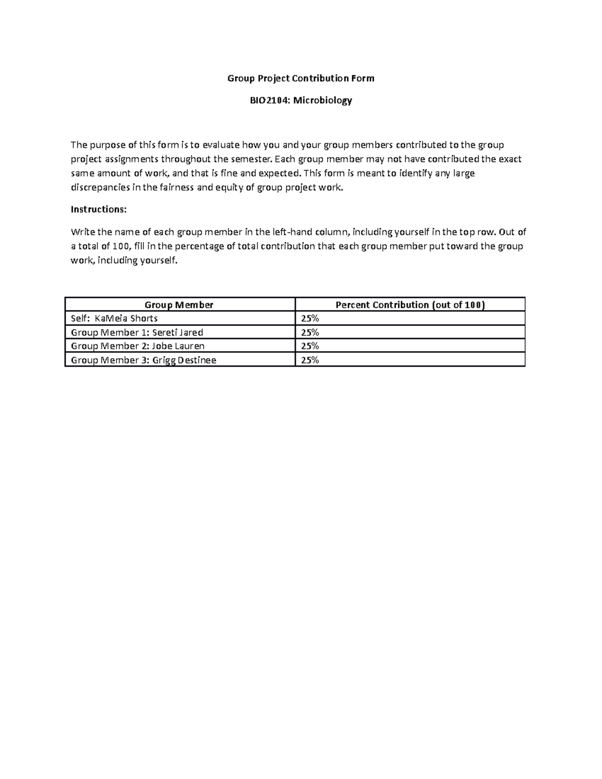 BIO2104 Group Contribution Form - Environmental Microbiology - NUST ...