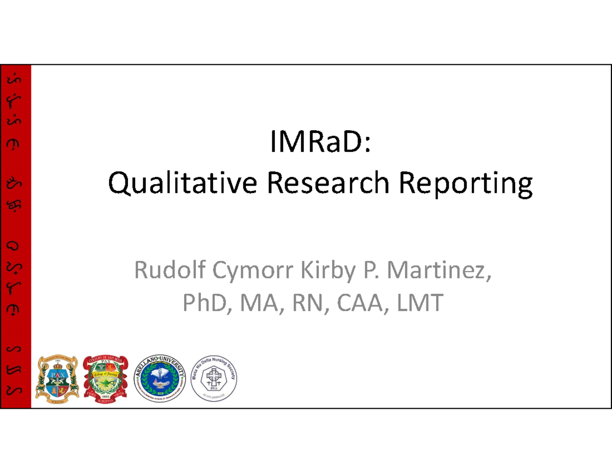 Qualitative Research - Lecture notes 1 - IMRaD: Qualitative Research ...
