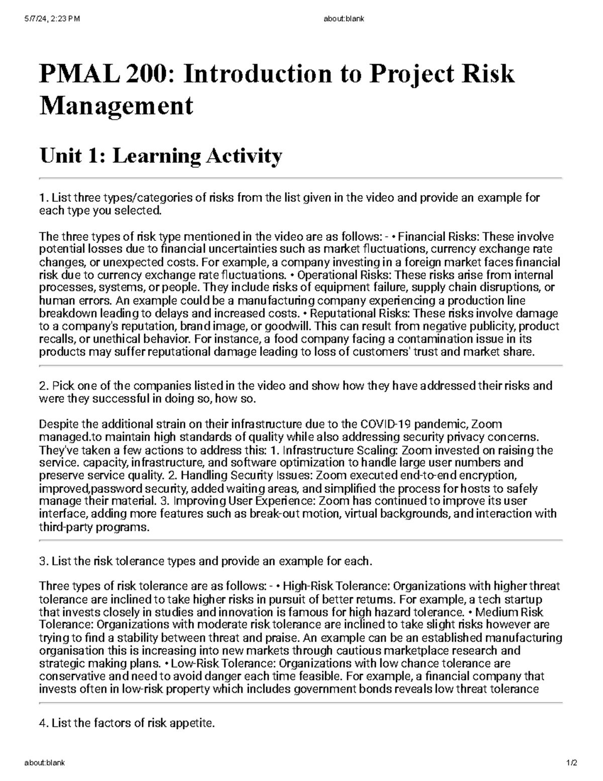 PMAL-200-UNIT-1- Learning Activity - PMAL 200: Introduction to Project ...