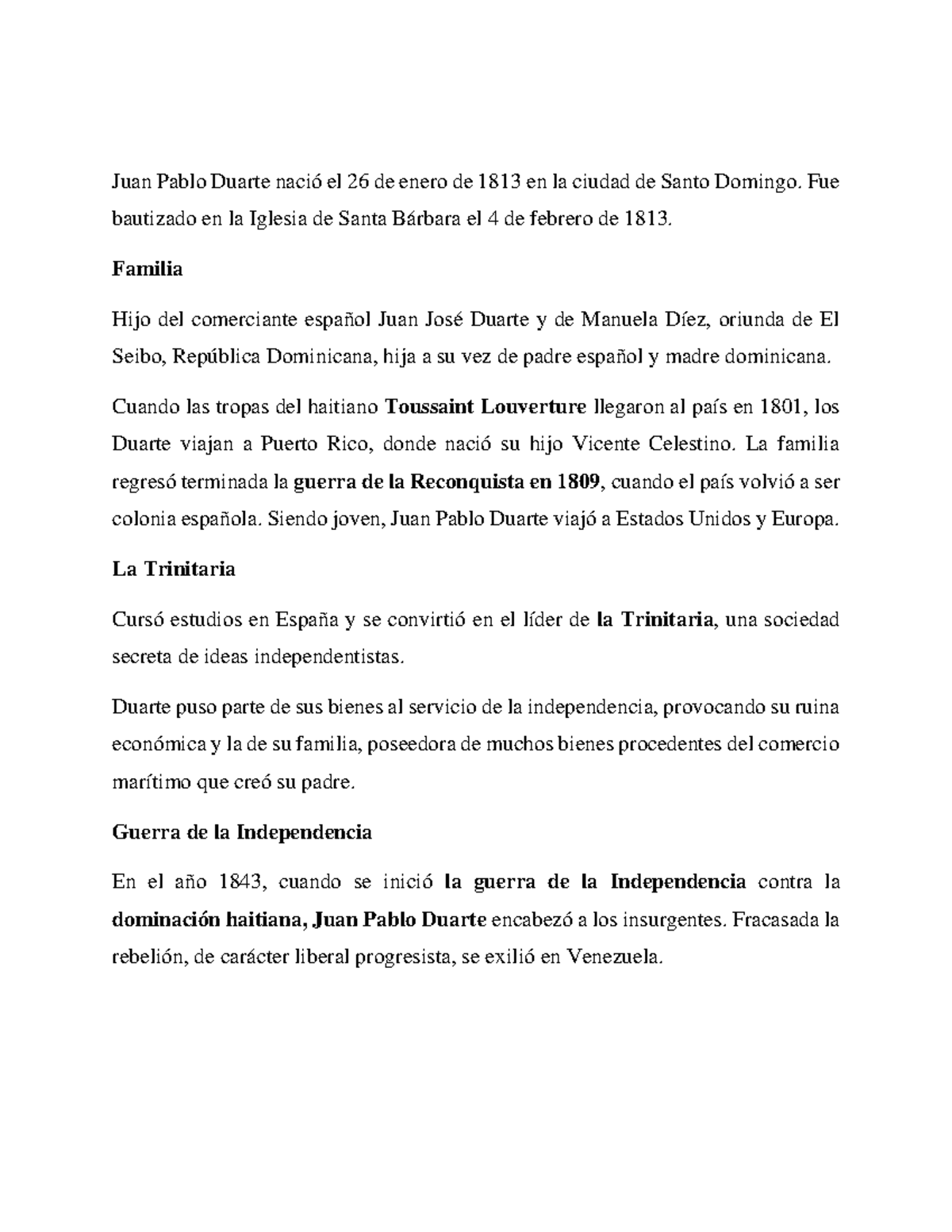 Resumen de Juan Pablo Duarte - Juan Pablo Duarte nació el 26 de enero ...