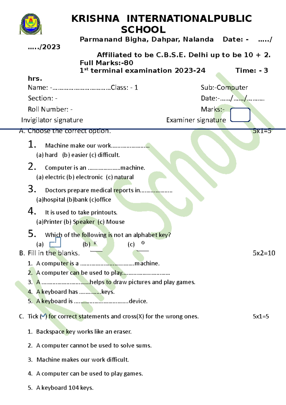 Class 1 computer - KRISHNA INTERNATIONALPUBLIC SCHOOL Parmanand Bigha ...