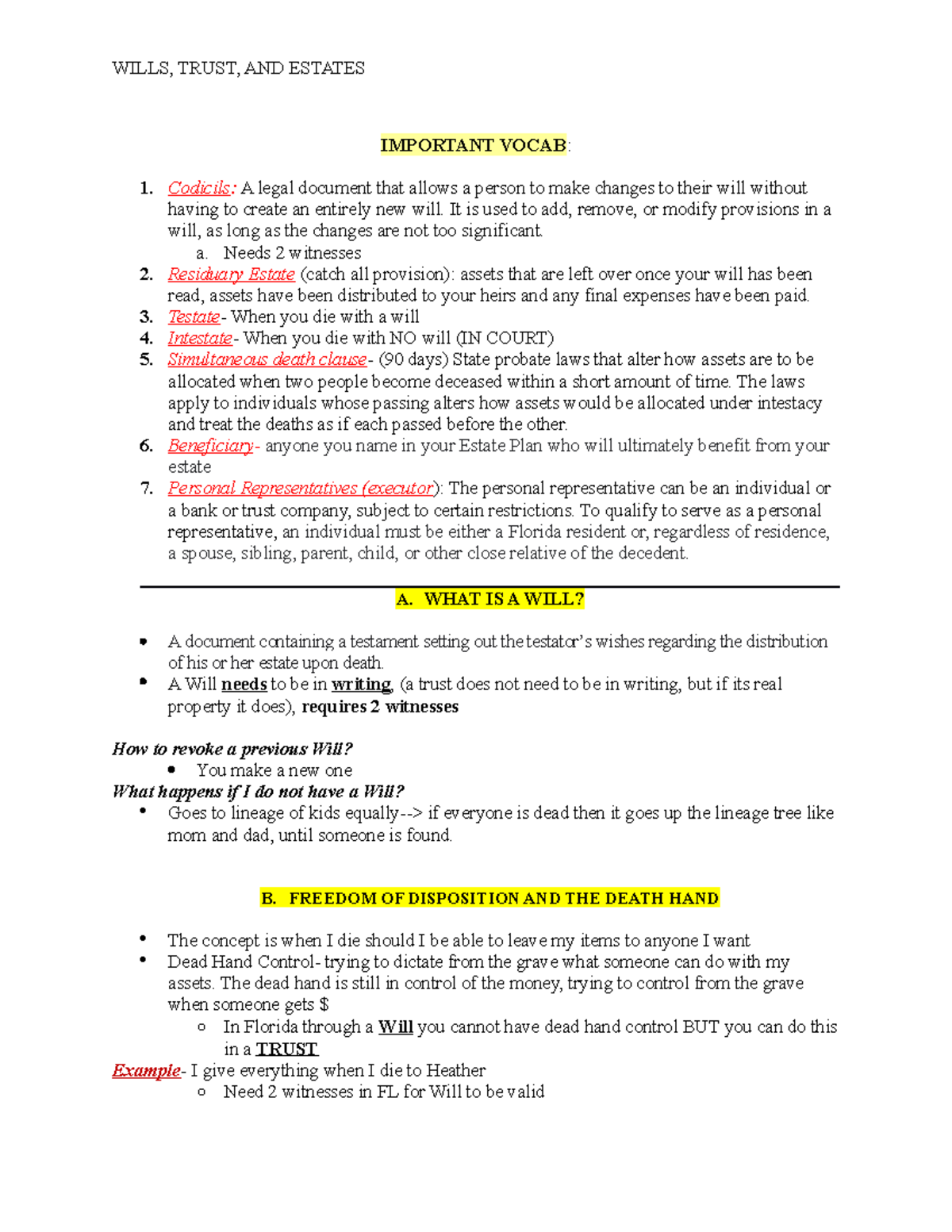 Wills, Trust, and Estates Outline - IMPORTANT VOCAB: Codicils: A legal ...