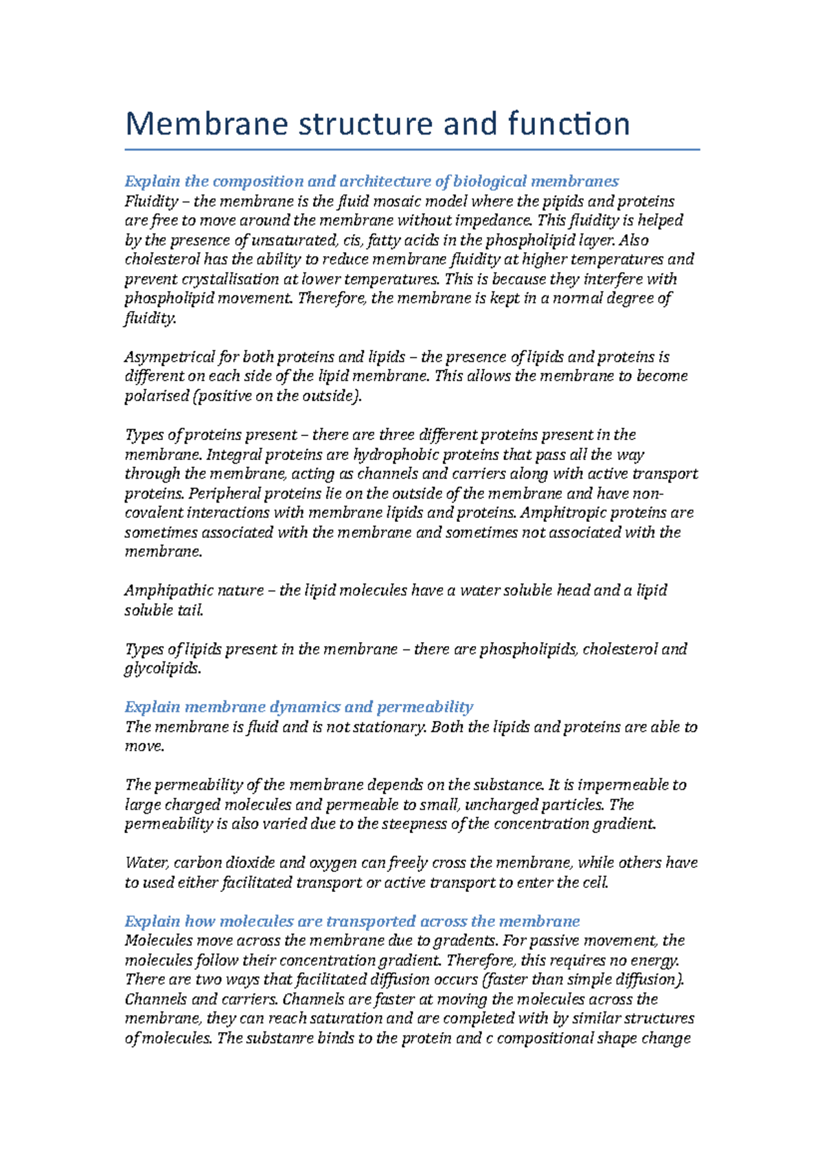 Membrane structure and function - Membrane structure and function ...