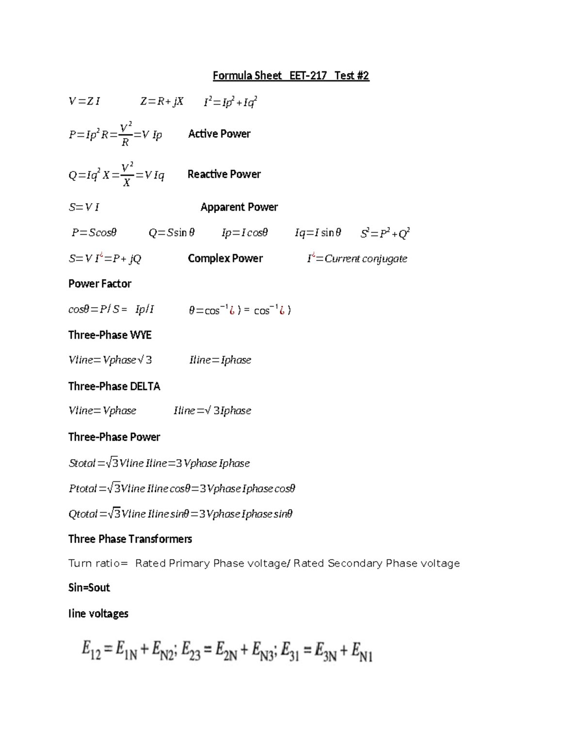 Formula Sheet EET 217 Test 2 - Studocu