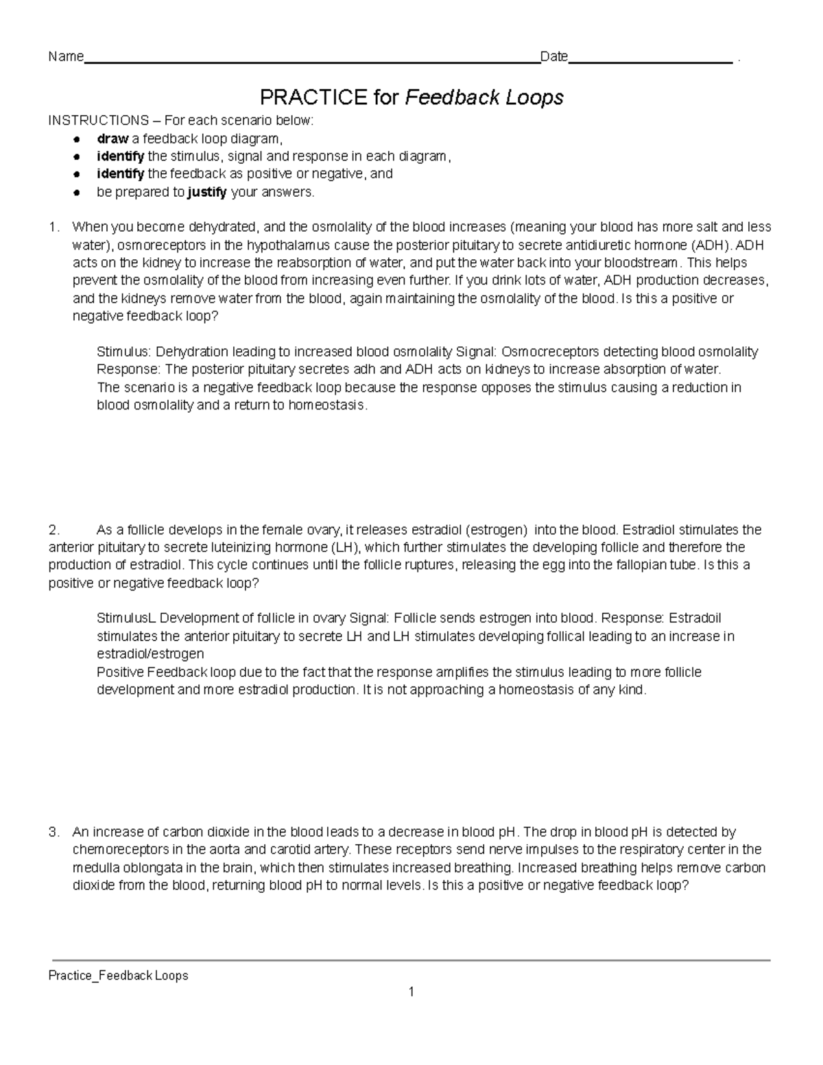 Copy of Practice Feedback Loops - Name Date. PRACTICE for Feedback ...