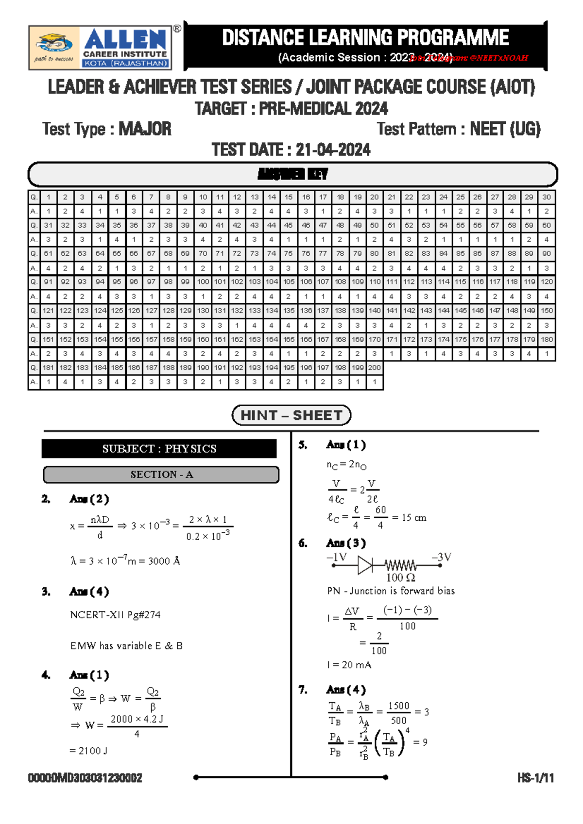 Major DLP TEST-11 21 April SO - Test Type : MAJOR Test Pattern : NEET ...