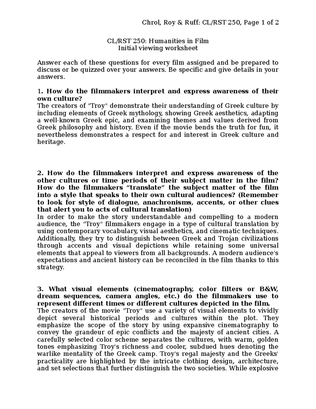 Troy Worksheet - SCHOOLWORK - Chrol, Roy & Ruff: CL/RST 250, Page 1 of ...