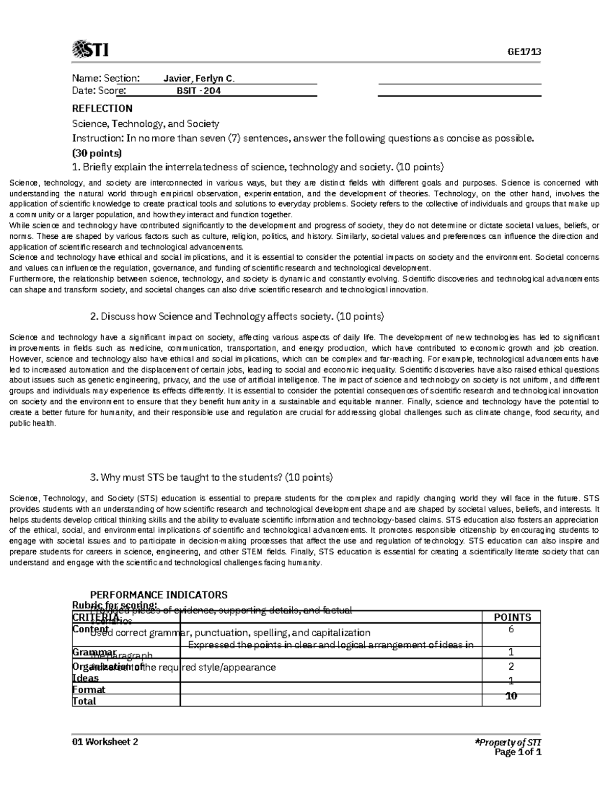 01 Worksheet STS - vbnbvnbvbvcnbvcb - 01 Worksheet 2 *Property of STI ...