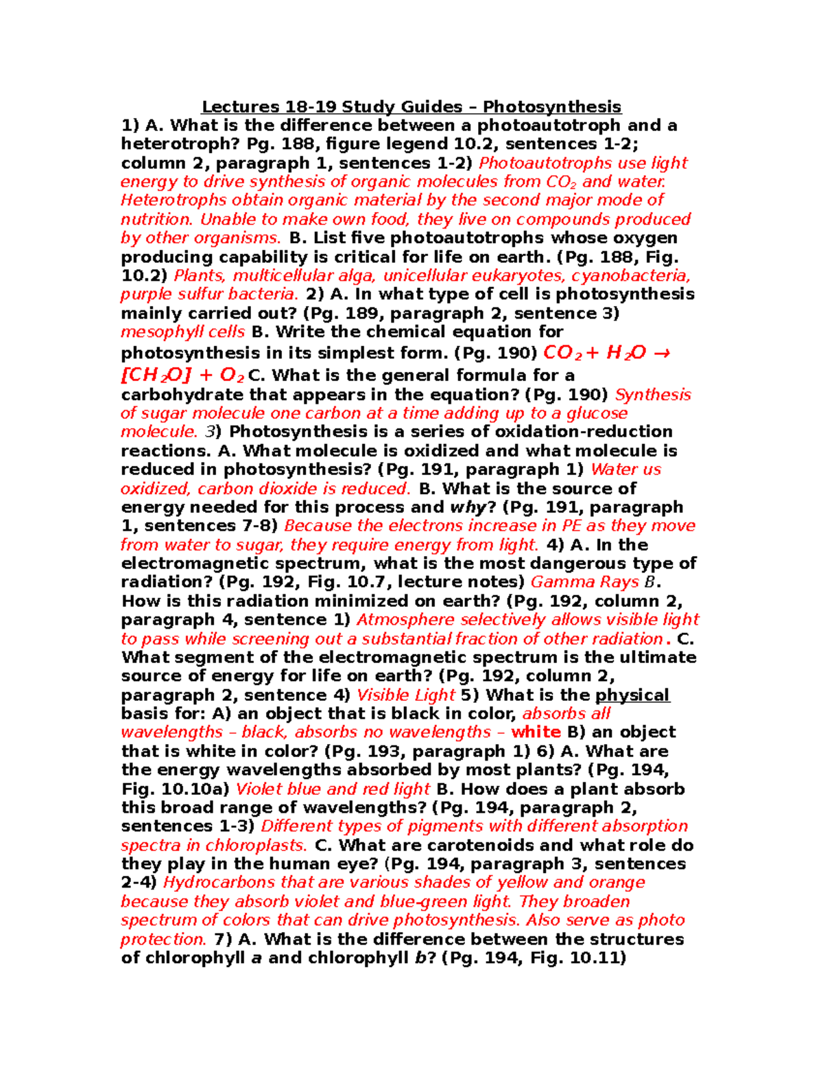 Photosynthesis - Study guide - Lectures 18-19 Study Guides ...
