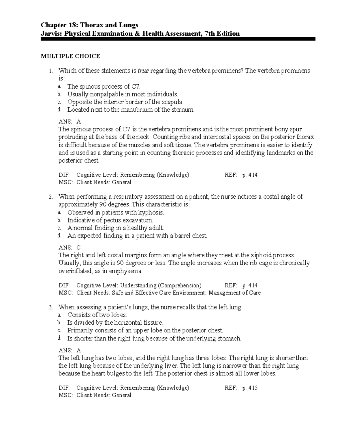 Ch18 - Questions related to chapter 18 of the textbook, Physical Examination and Health ...