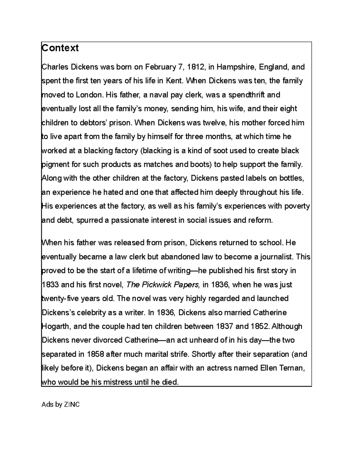 Summary Bleak House 1 - Context Charles Dickens was born on February 7 ...