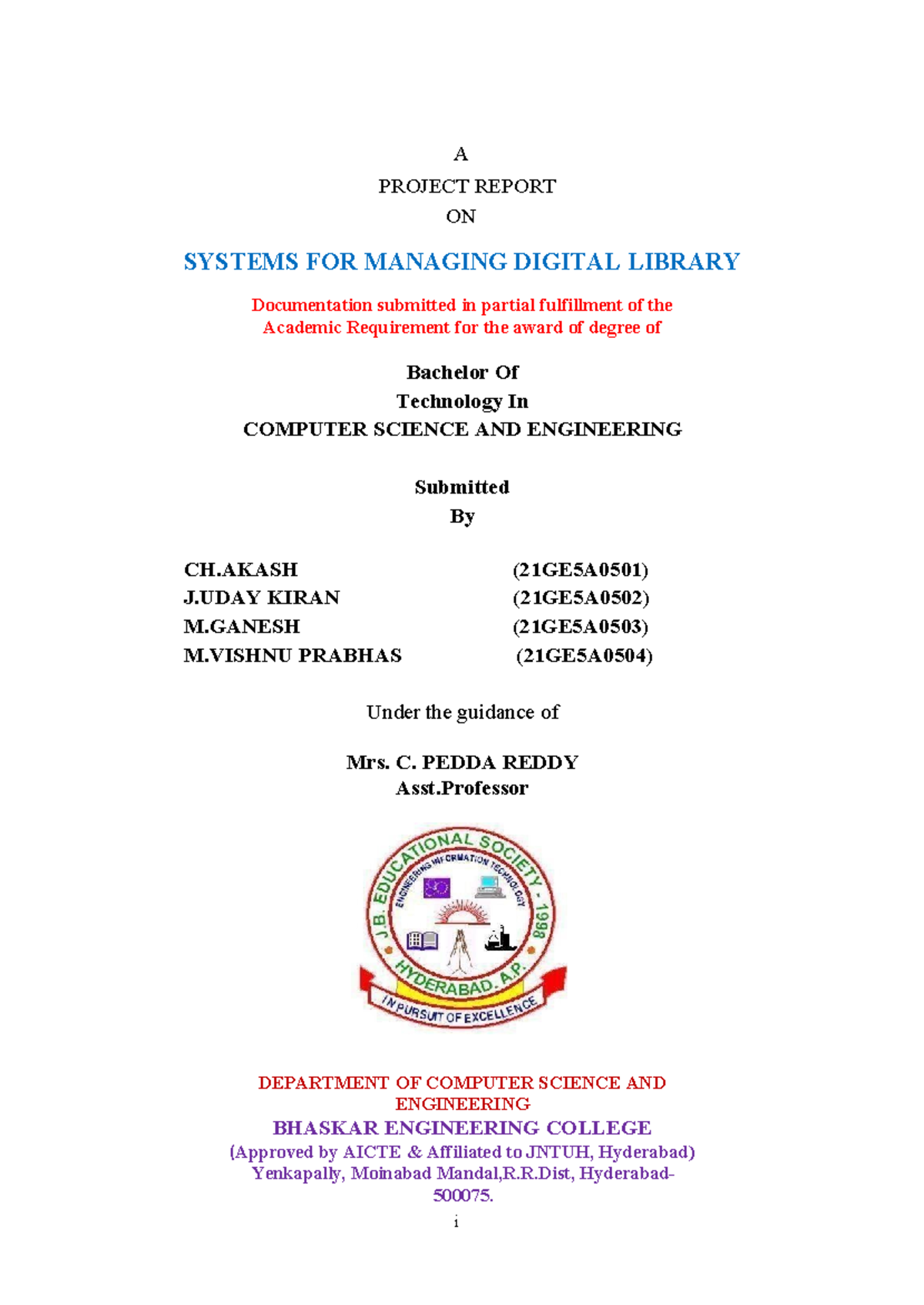 library management - i A PROJECT REPORT ON SYSTEMS FOR MANAGING DIGITAL ...