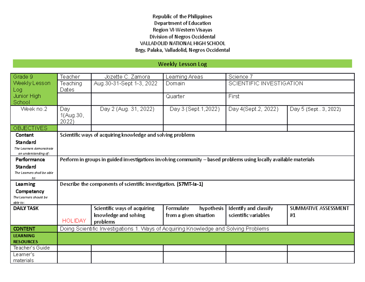 Grade 7 DLL Wk Aug - science topics - Republic of the Philippines ...