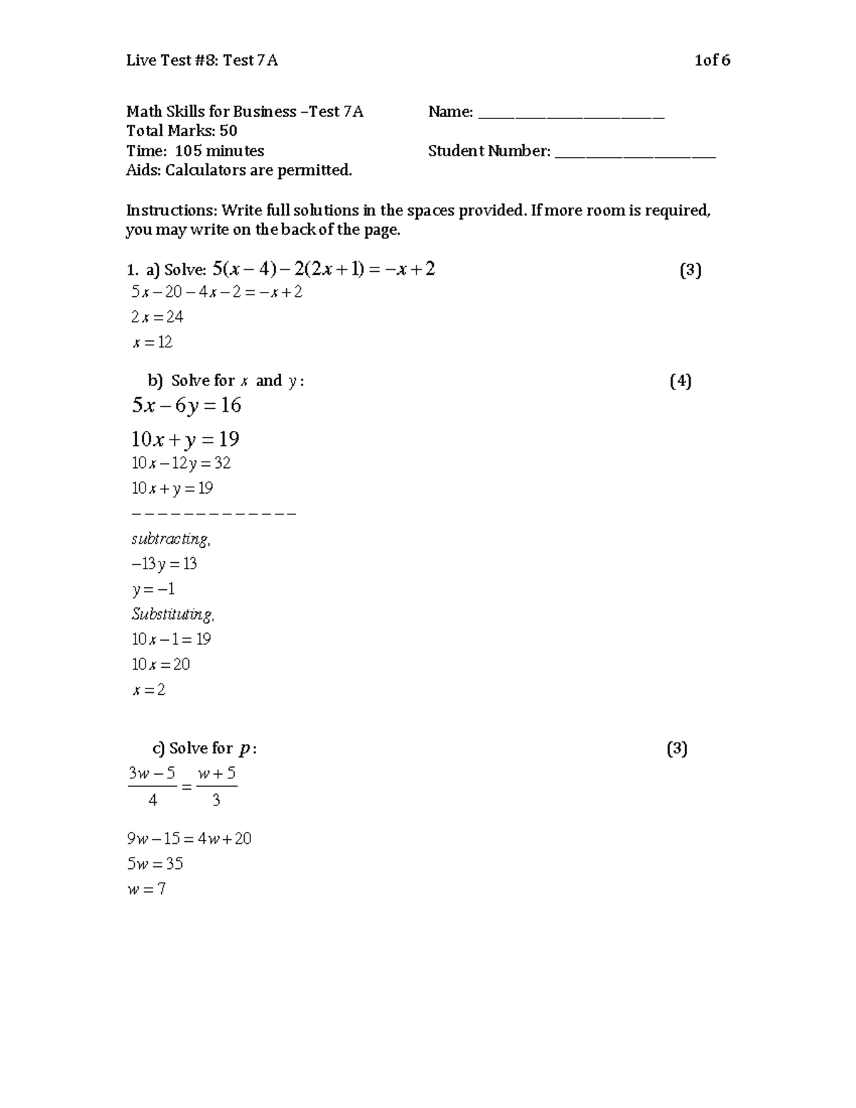 Live 8byhand Math Skills Test 7 Asolutions - Math Skills for Business ...