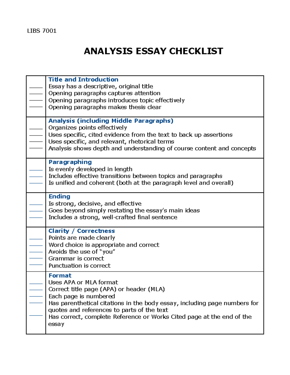 Analysis Essay Checklist Form - LIBS 7001 ANALYSIS ESSAY CHECKLIST ...
