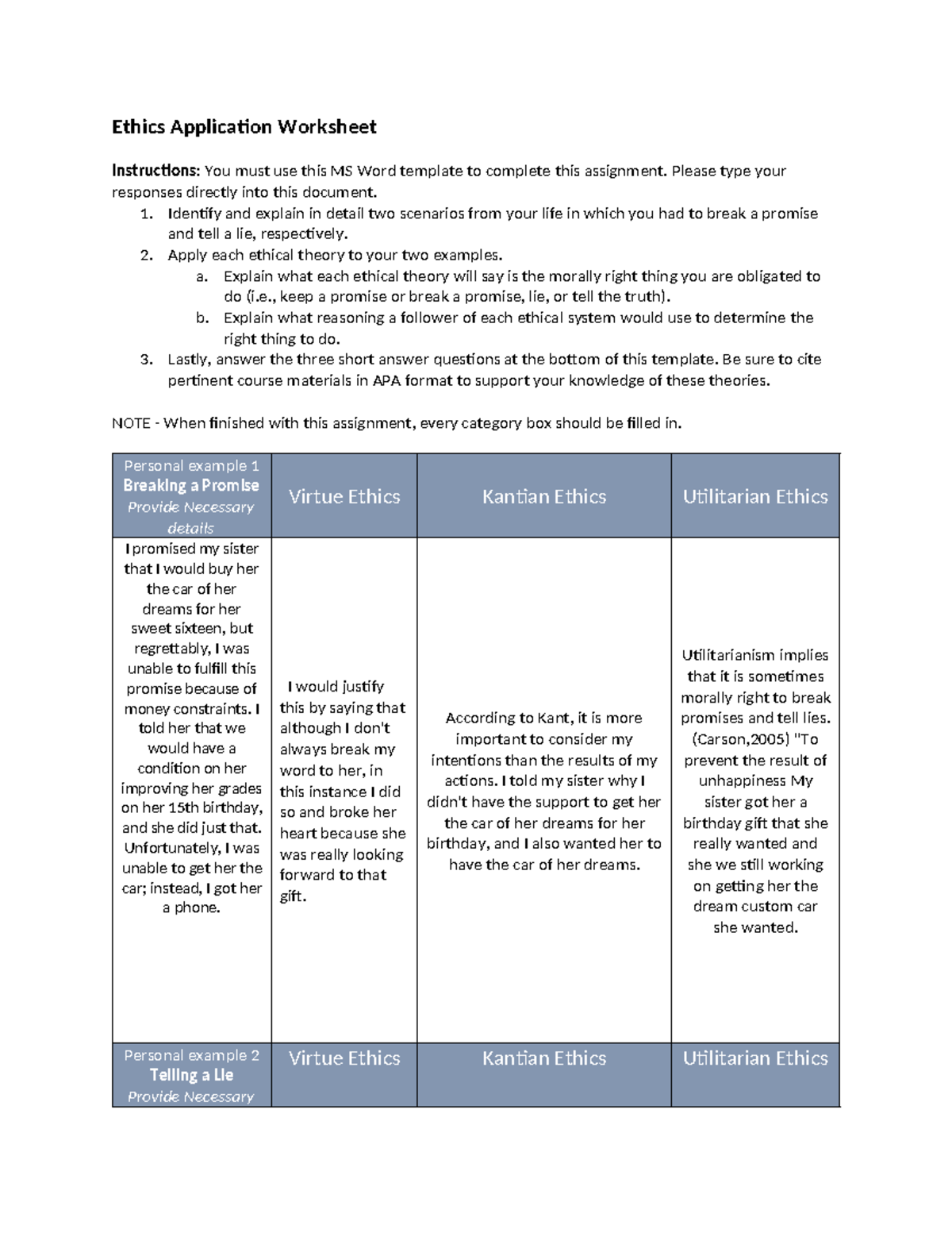 Ethics 101 - Ethics Application Worksheet Instructions: You must use ...