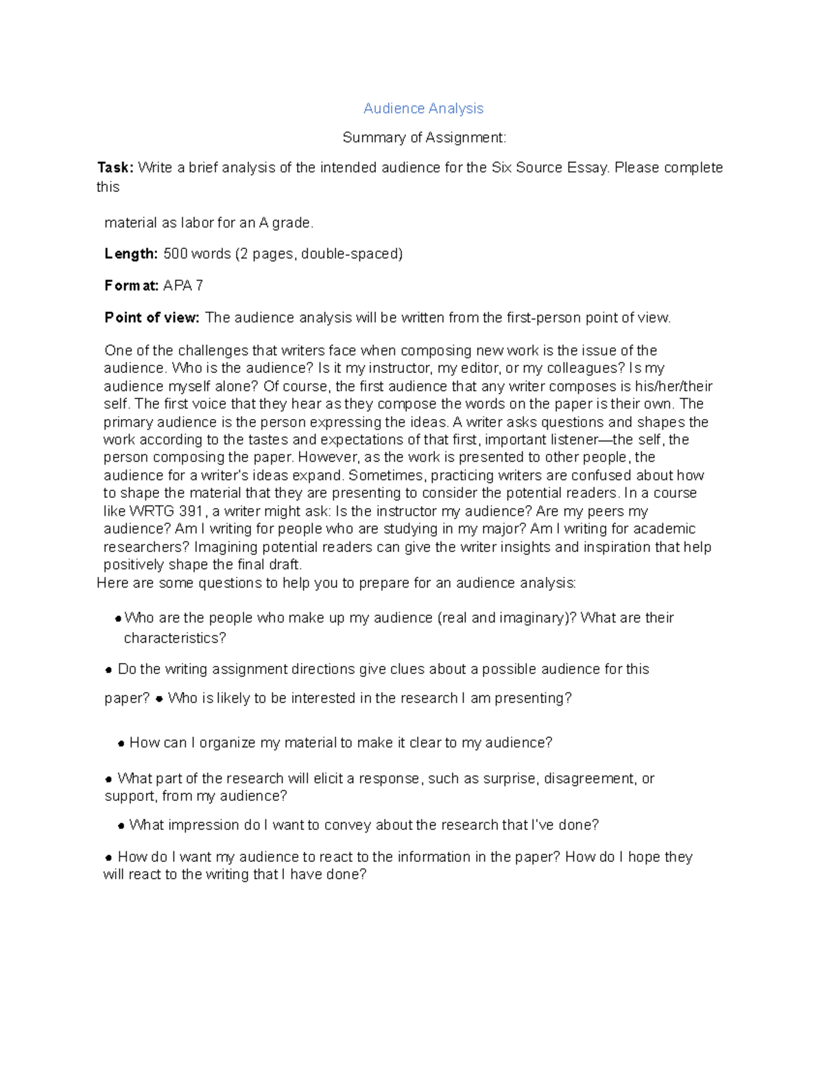 Audience Analysis - Audience Analysis Summary of Assignment: Task ...