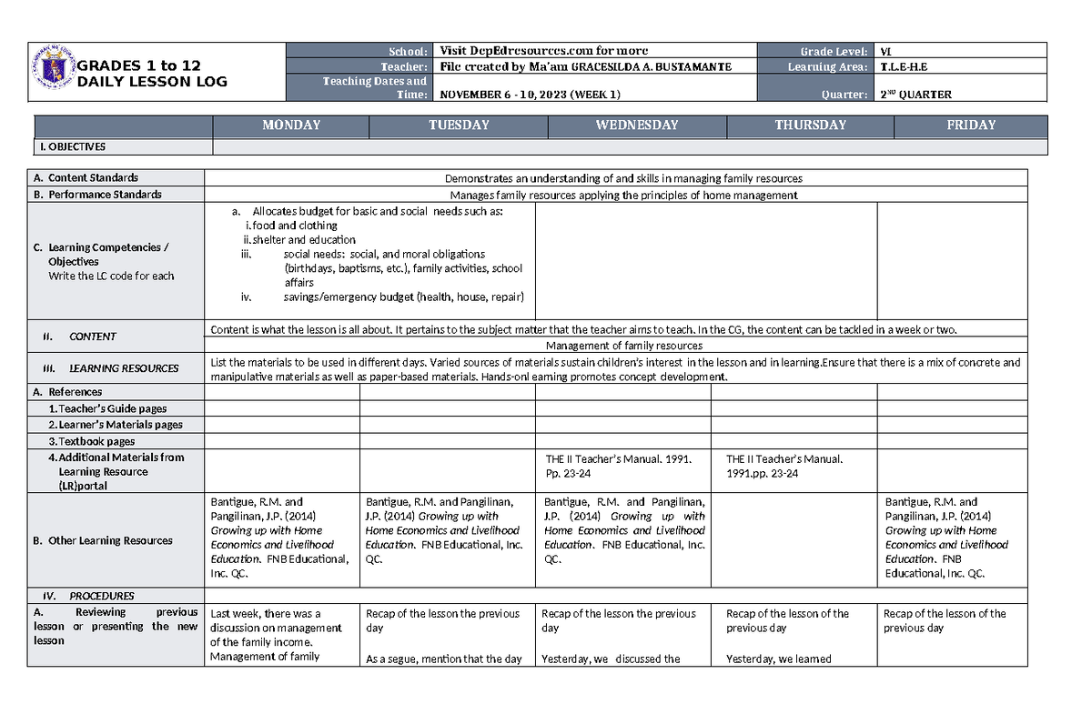 DLL TLE 6 Q2 W1 - GRADES 1 to 12 DAILY LESSON LOG School: Visit ...