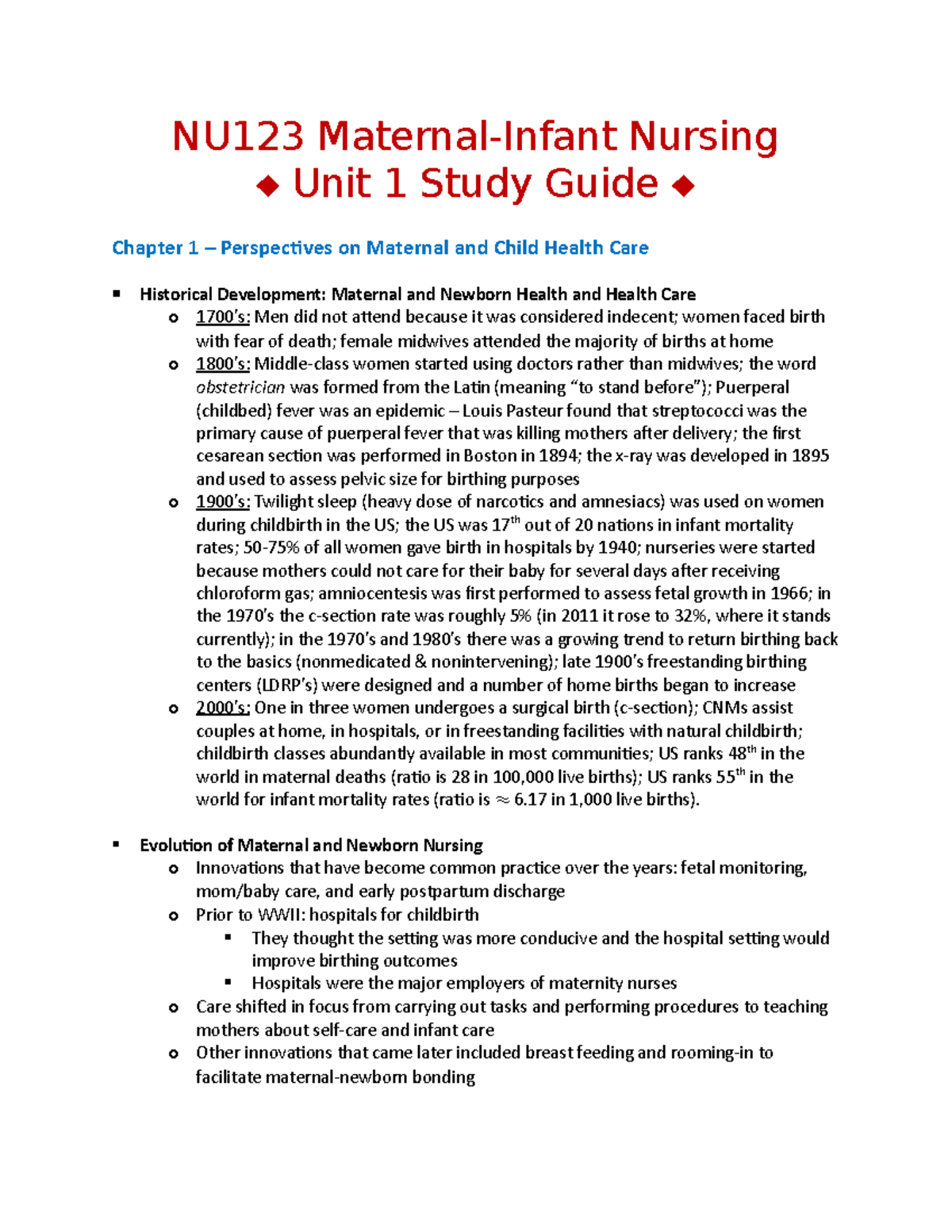 NU123 Unit 1 Study Guide - NU123 Maternal-Infant Nursing Unit 1 Study ...