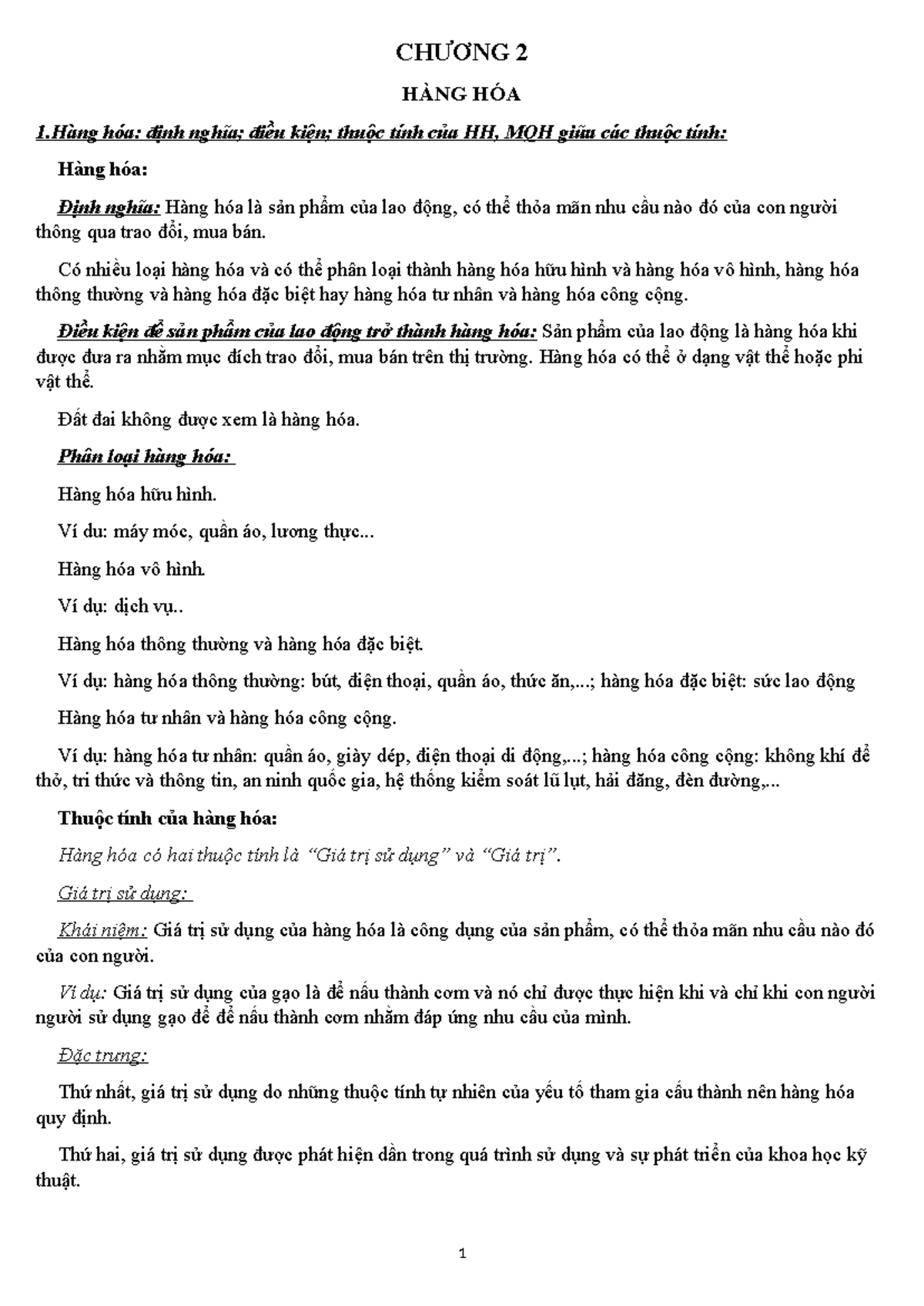 Tailieu KTCT THI CKI - ktct - CHƯƠNG 2 HÀNG HÓA 1àng hóa: định nghĩa; điều kiện; thuộc tính của ...