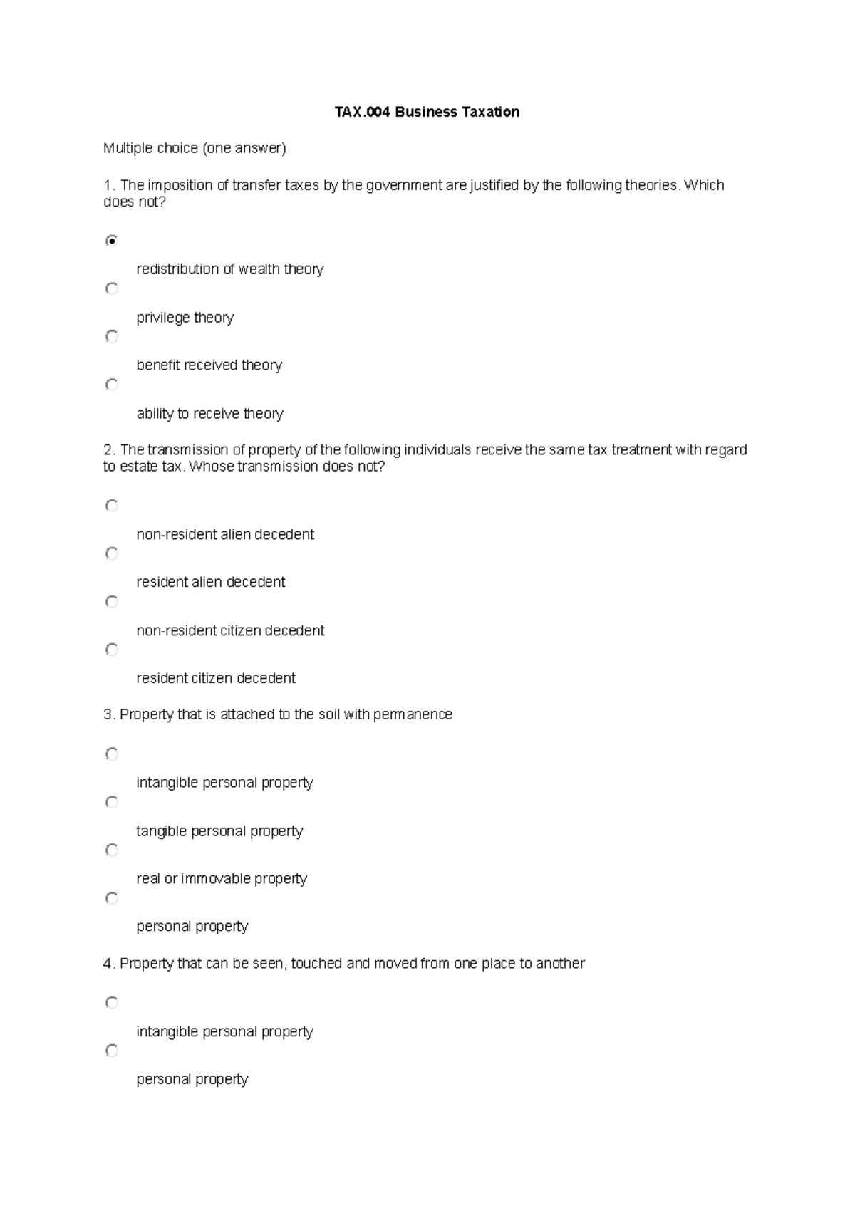 Estate Taxation QUIZ 3 - TAX Business Taxation Multiple choice (one ...