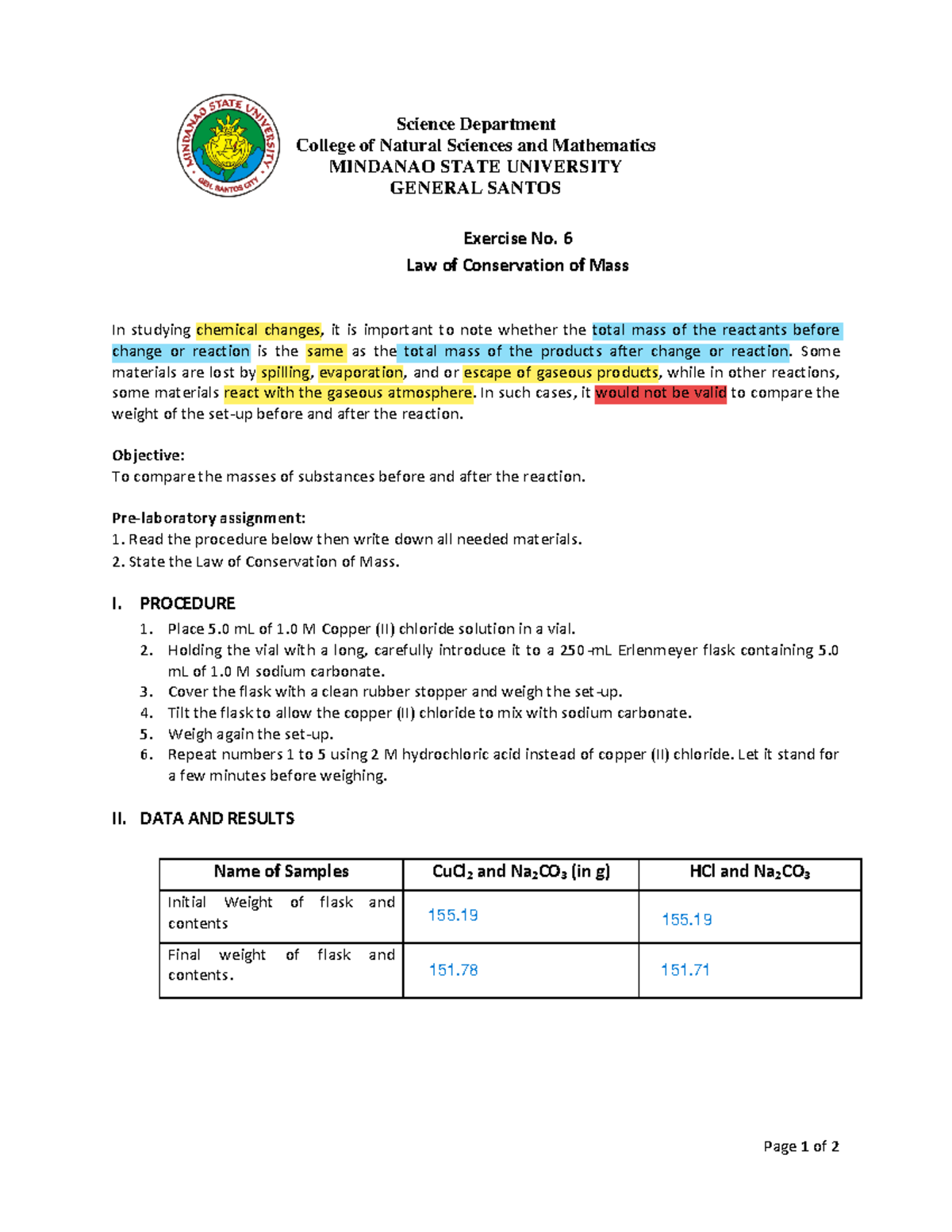 Laboratory Exercise 6 CHM012.1 for Engineers - Page 1 of 2 Science Department College of Natural ...