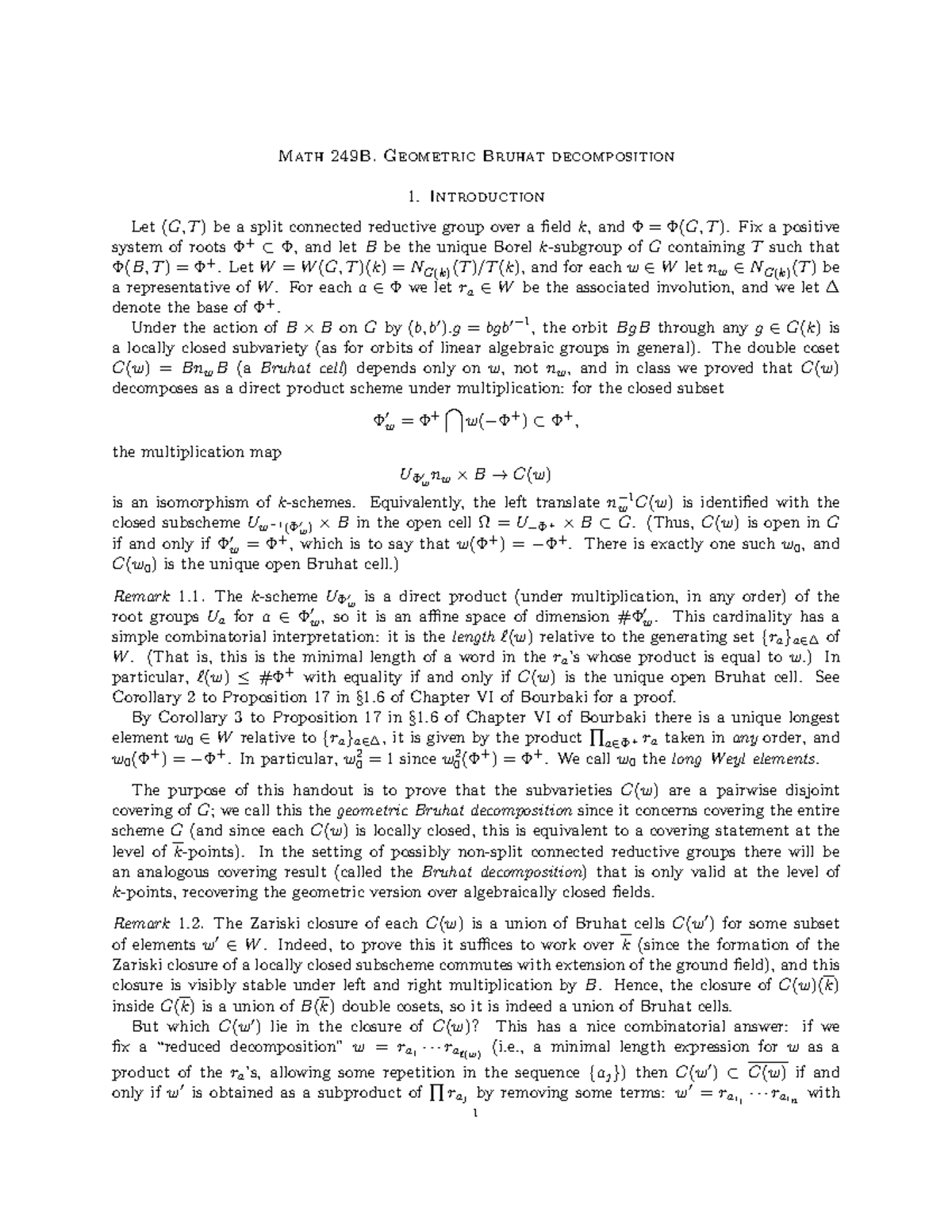 Bruhat decomposition - Math 249B. Geometric Bruhat decomposition ...