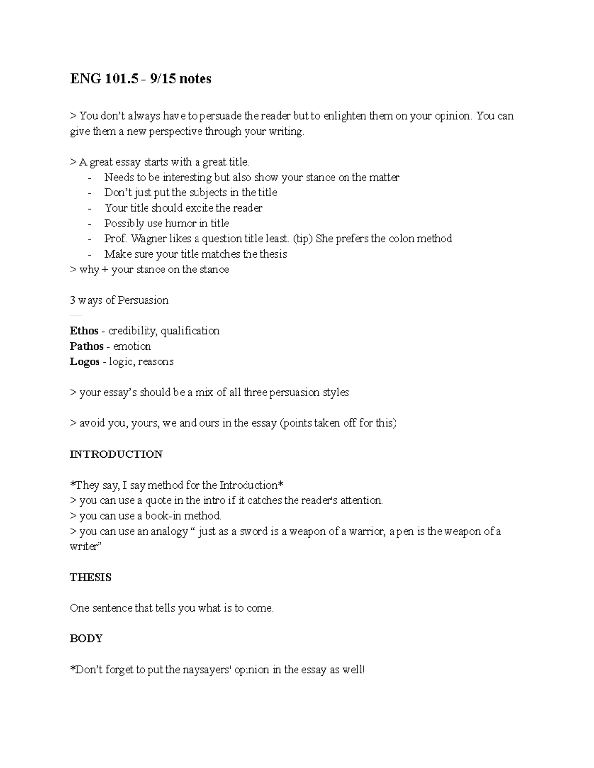 ENG 101.5 - week 2 notes - ENG 101 - 9/15 notes You don’t always have ...