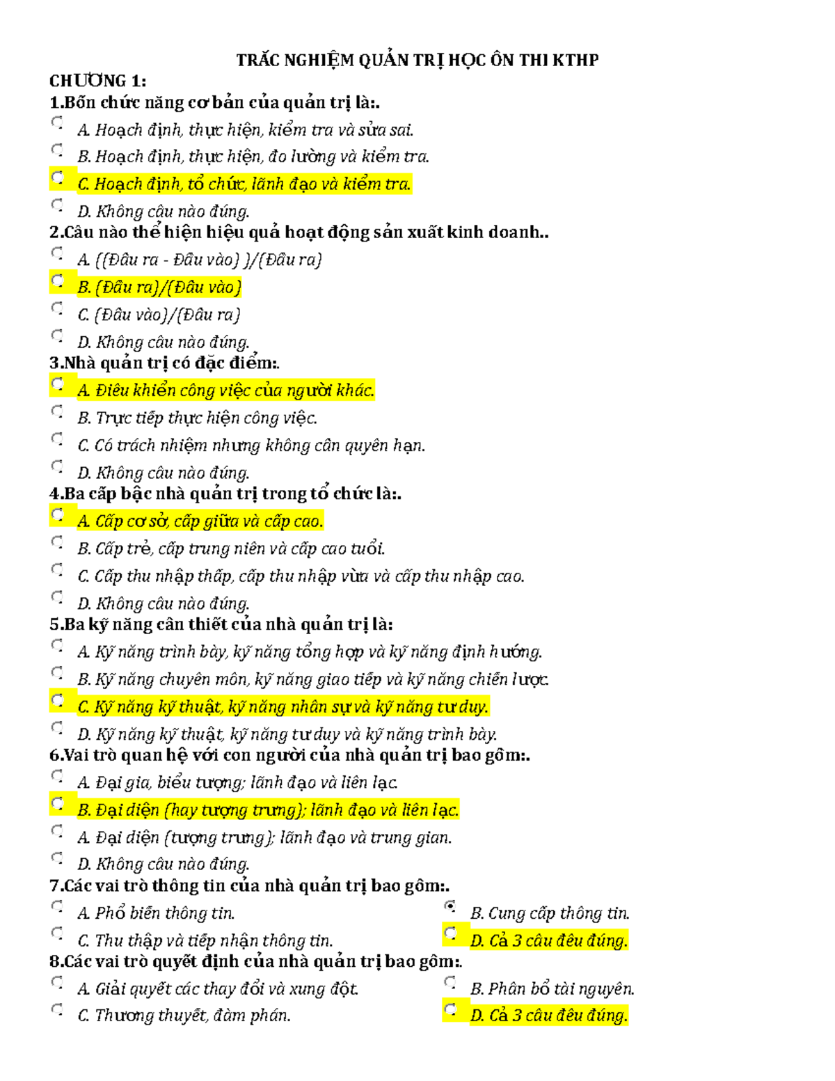 TRẮC NGHIỆM QUẢN TRỊ HỌC ÔN THI KTHP - TRẮẮC NGHI M QU N TR H C ÔN THI KTHPỆ Ả Ị Ọ CHƯƠNG 1 ...