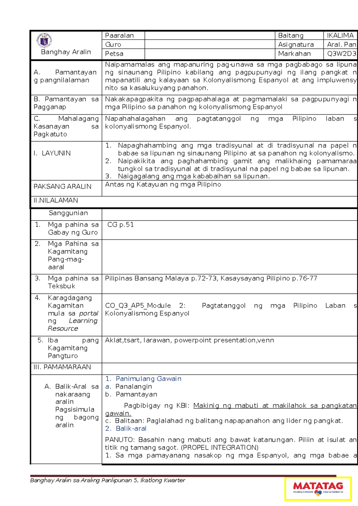 ARALING PANLIPUNAN LESSON PLAN GRADE 5 WEEK 3 QUARTER 3 - Banghay ...