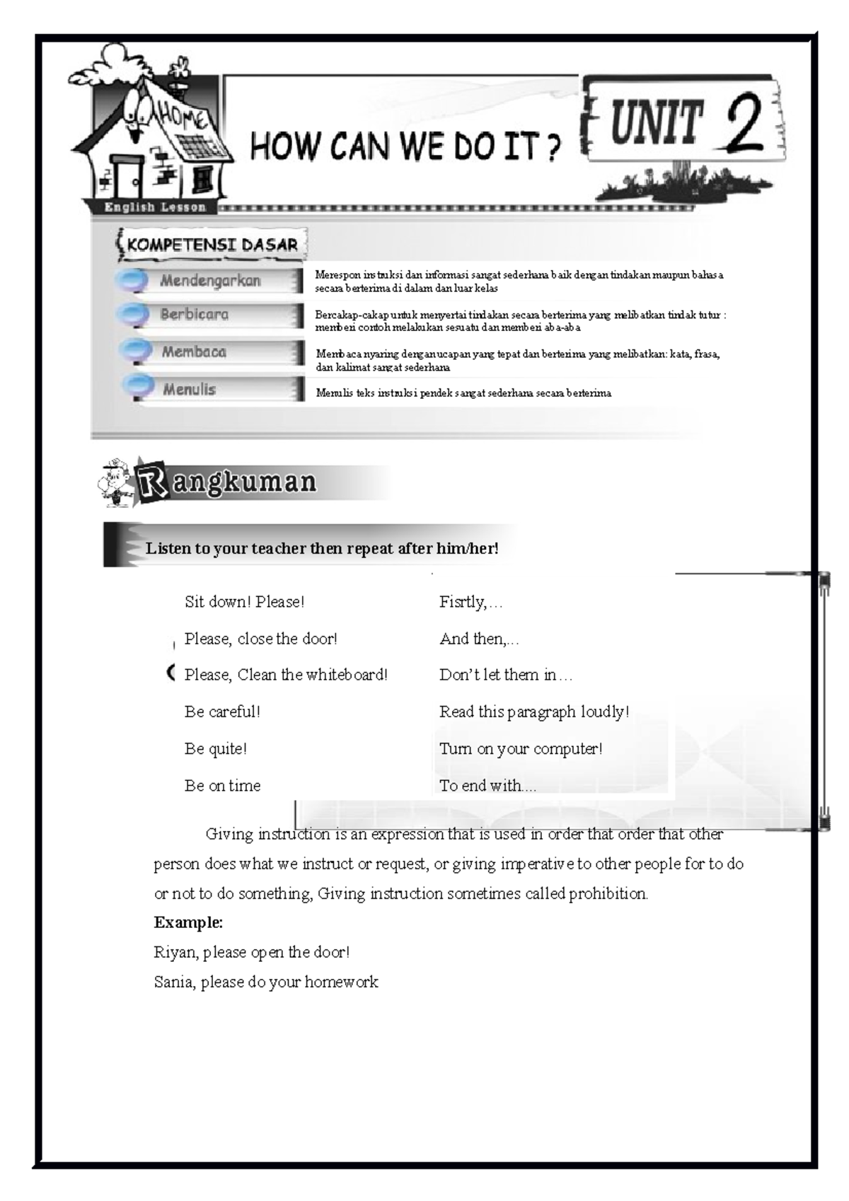UNIT 2 Instructionv - worksheet - Listen to your teacher then repeat ...
