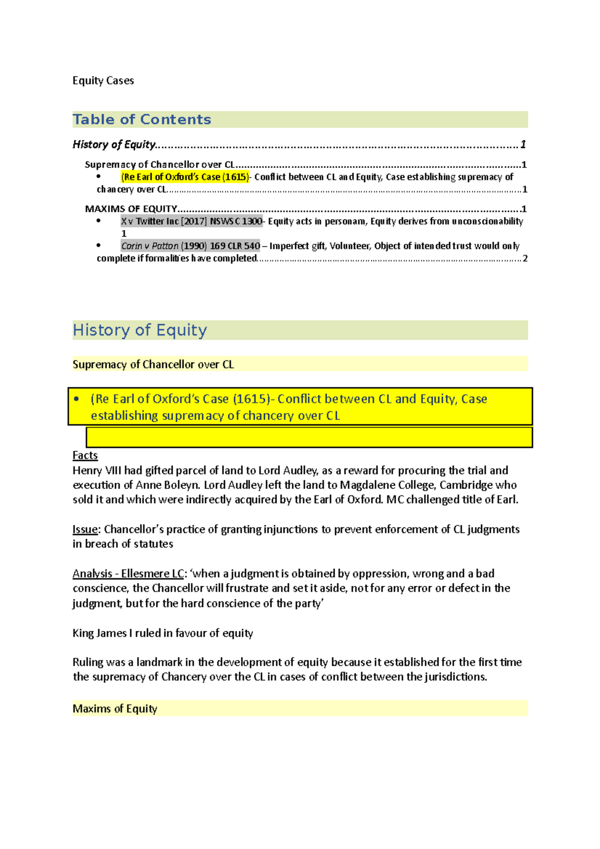 Equity Cases - Equity Cases Table of Contents History of - Studocu